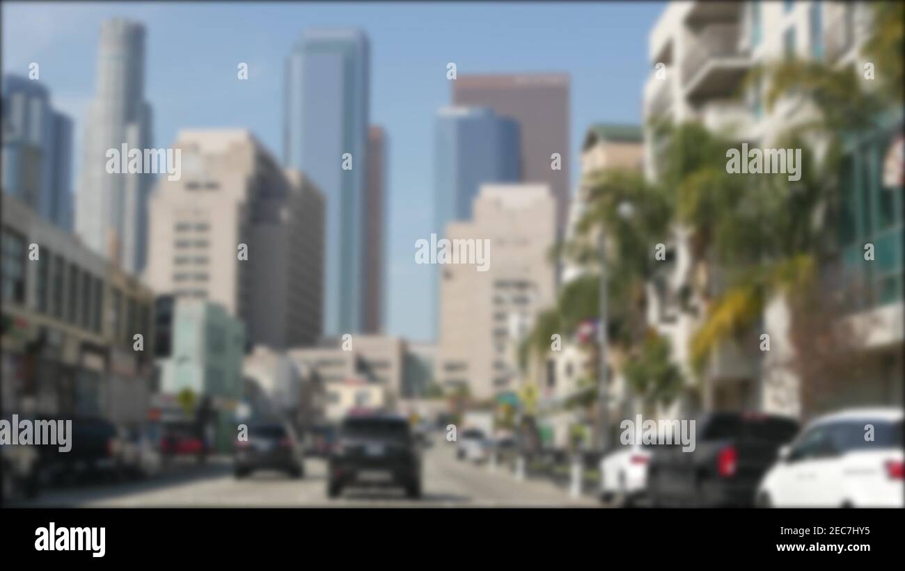 Driving on downtown streets of Los Angeles, California USA. Defocused ...