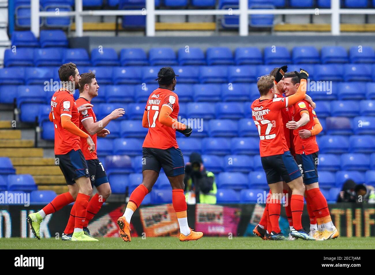 Birmingham, UK. 13th Feb, 2021. Dan Potts #3 of Luton Town celebrates ...