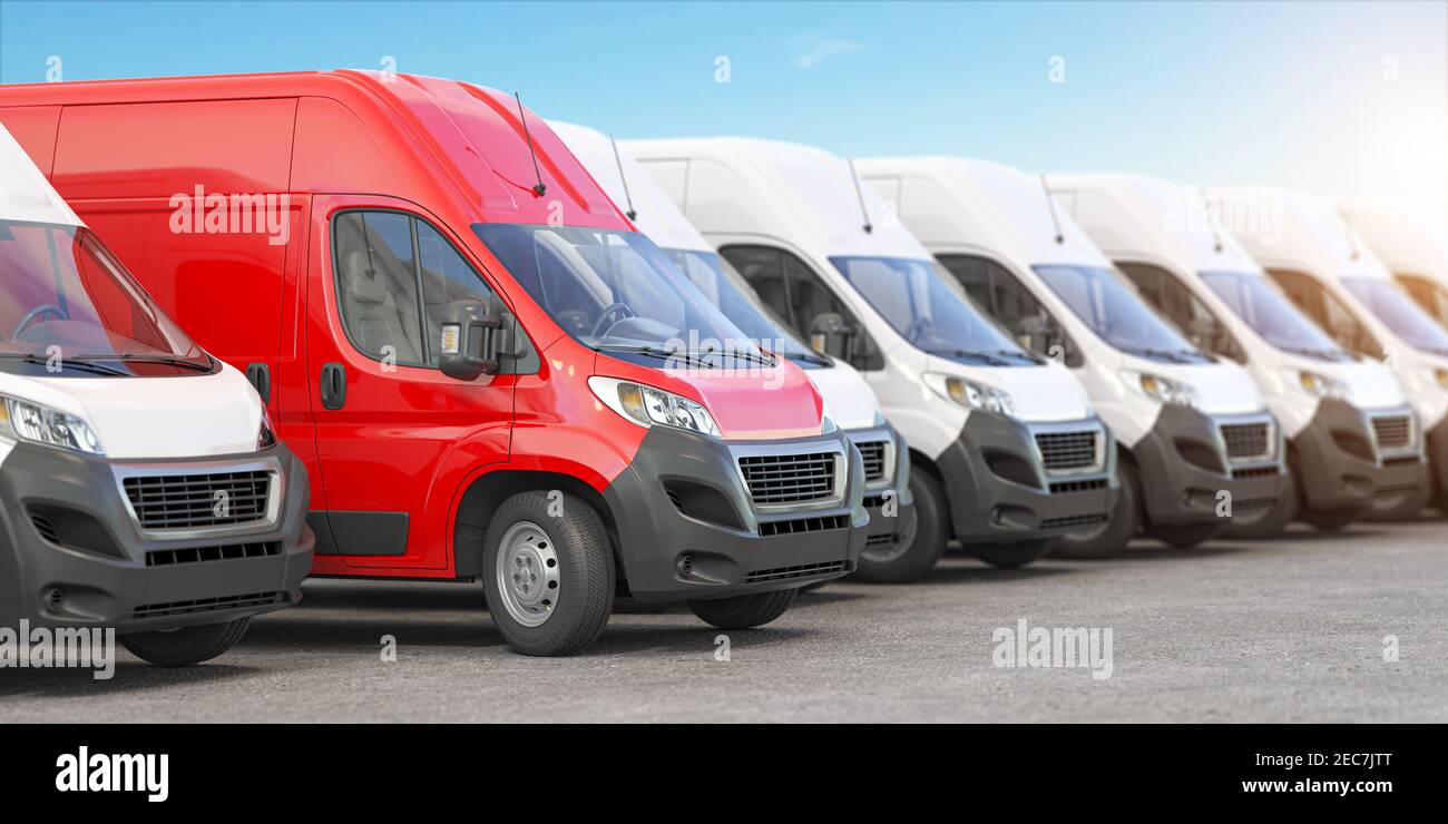Red delivery van in a row of white vans. Best express delivery and ...