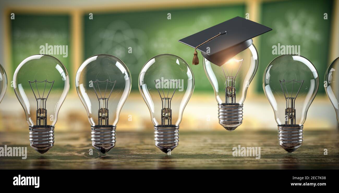 Glowing light bulb with graduation cap in row of other light bulbs on ...