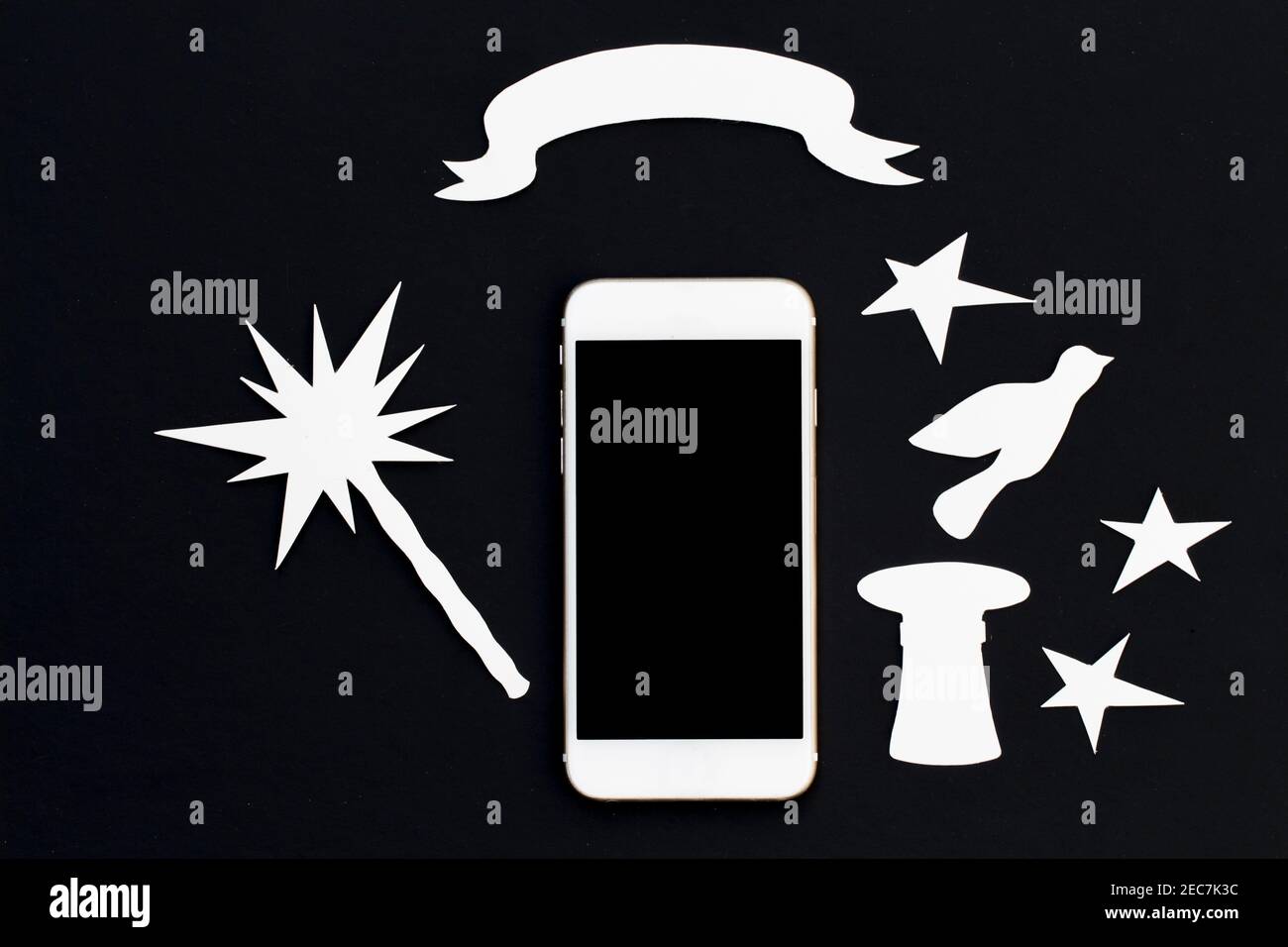 White phone with magic wand and banner. Smartphone with dove and ...