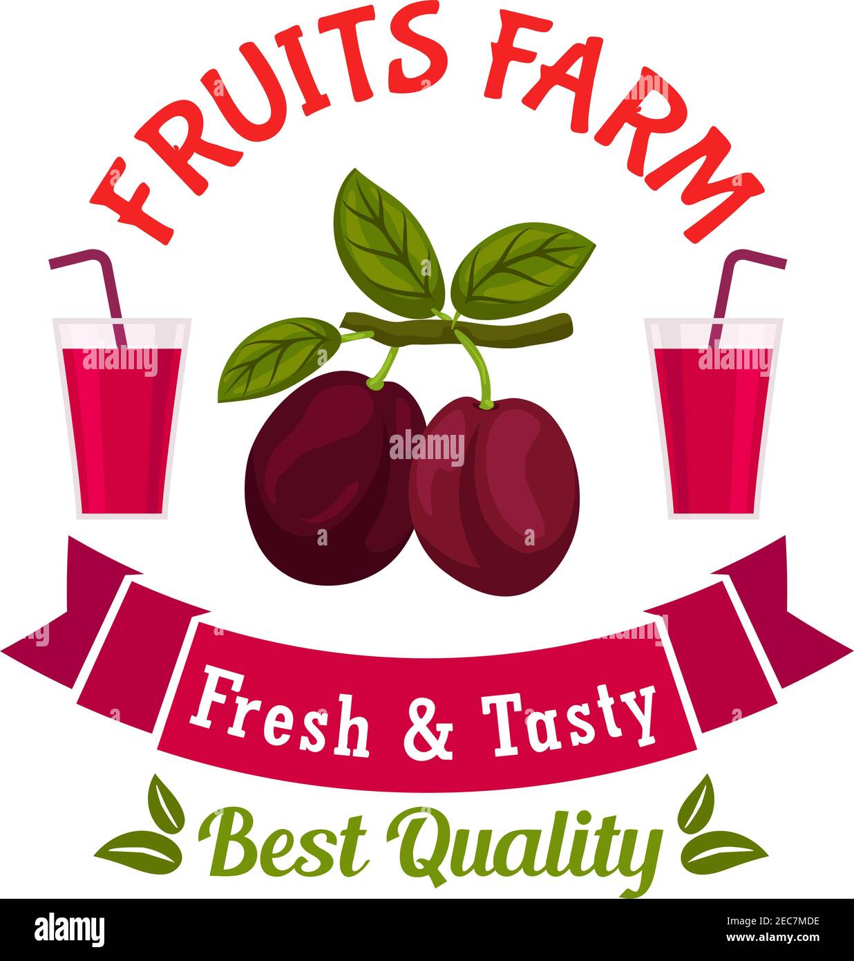 Fruits Farm product sticker. Plums on stem with leaves. Vector emblem ...