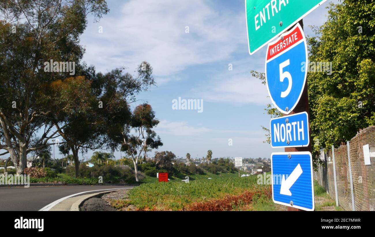 Freeway entrance, information sign on crossraod in USA. Route to Los ...