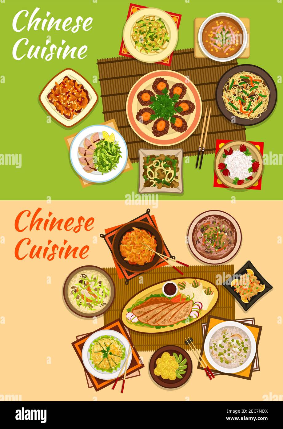 Chinese cuisine icon with peking duck, noodles with beef and mango ...