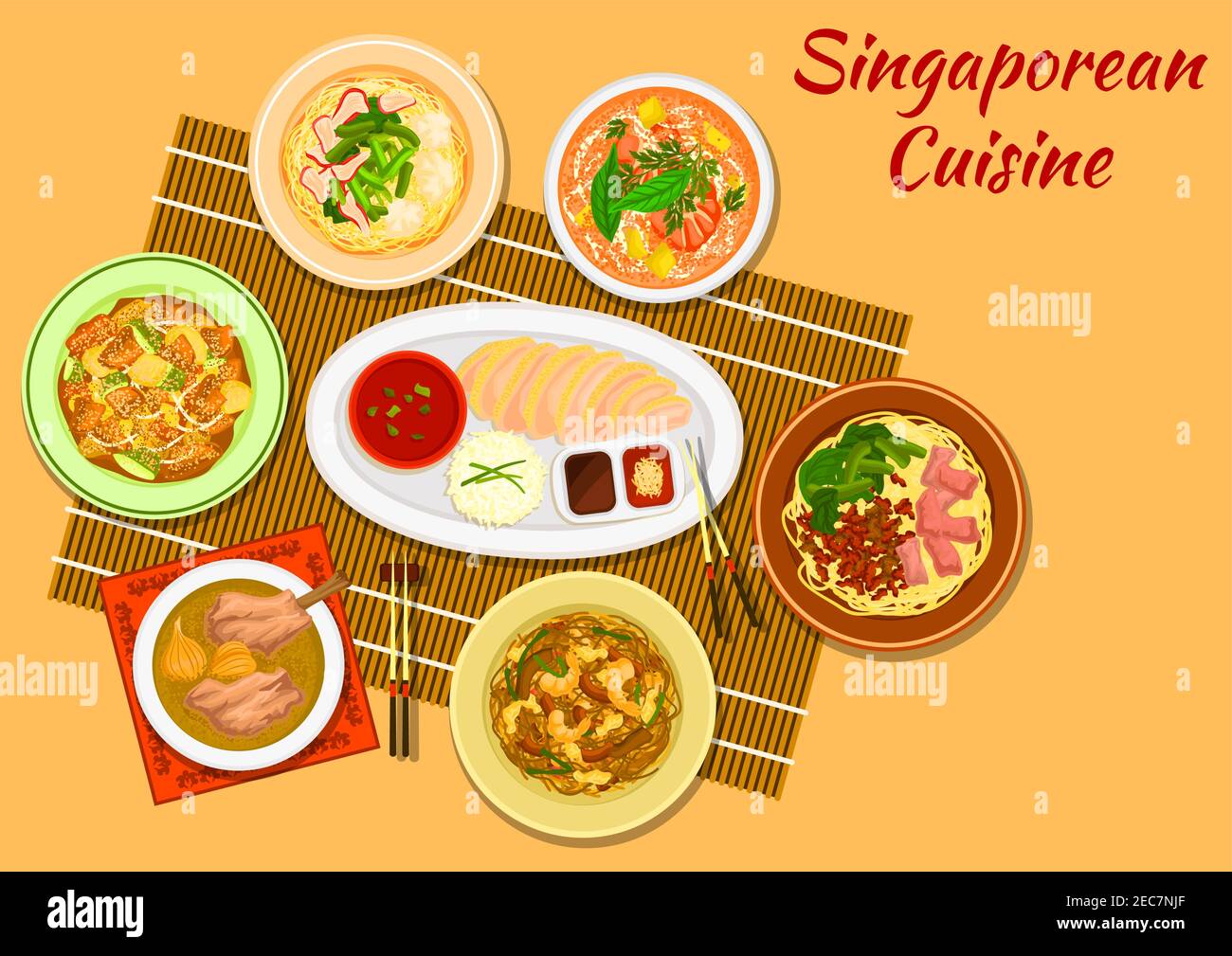 Singaporean cuisine chicken rice icon with seafood noodle soup laksa ...