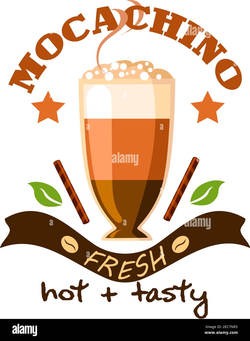 Cafe poster emblem. Mochaccino Coffee Cup with Cinnamon Sticks ...