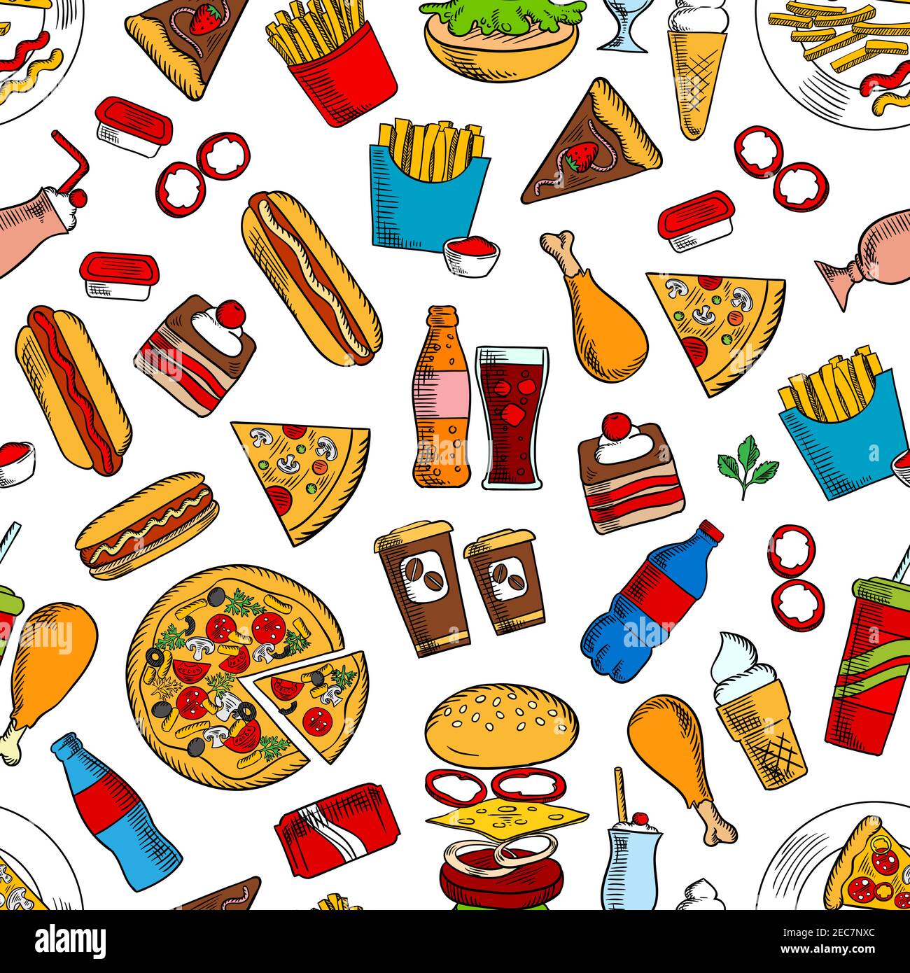 Fast food seamless background. Wallpaper with vector pattern of snacks ...