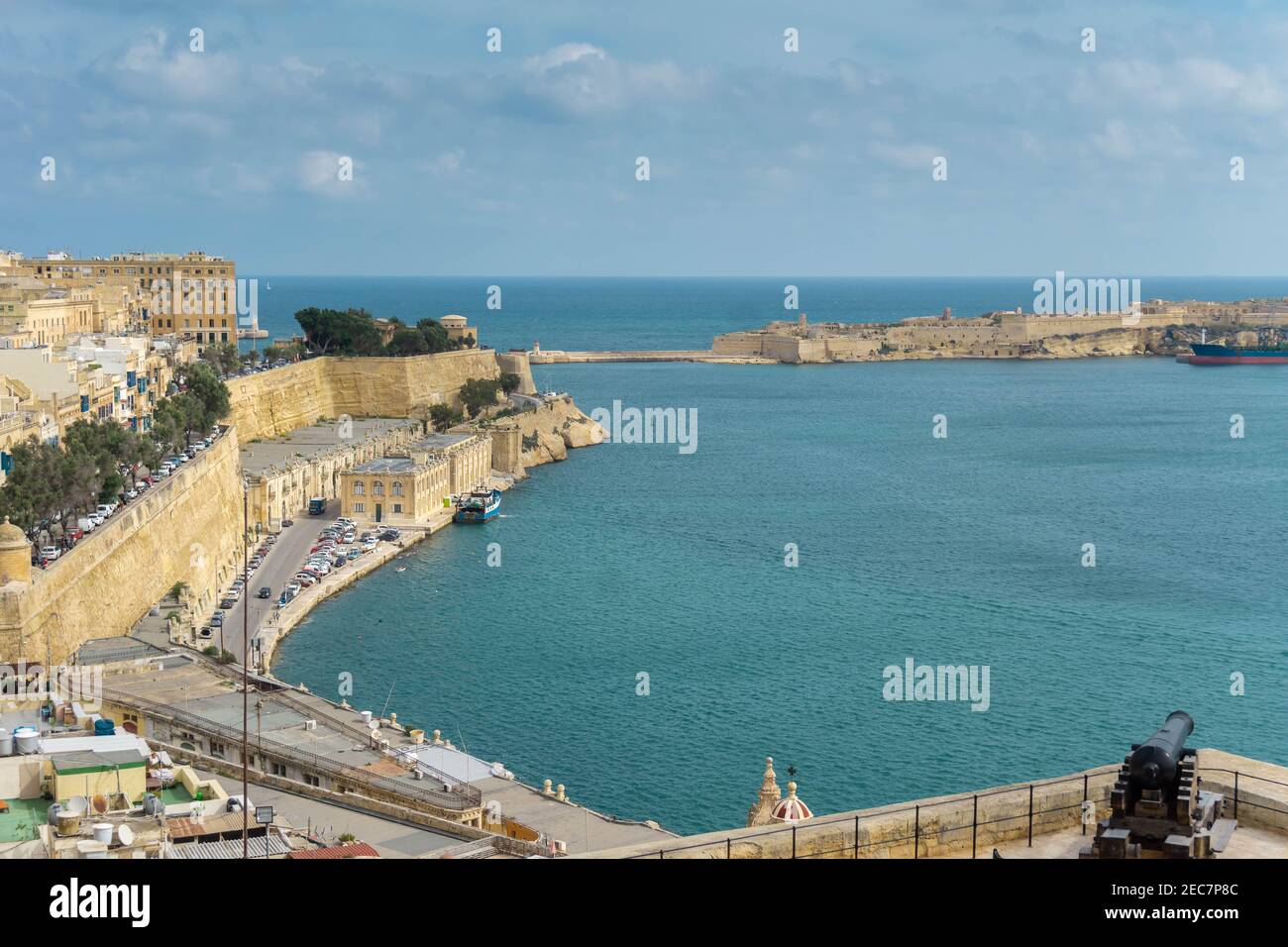 Aerial view of Valletta skyline, bay and Mediterranean sea from high ...