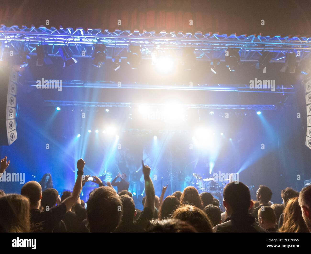 Front view of a concert stage shot in the middle of a music festival ...