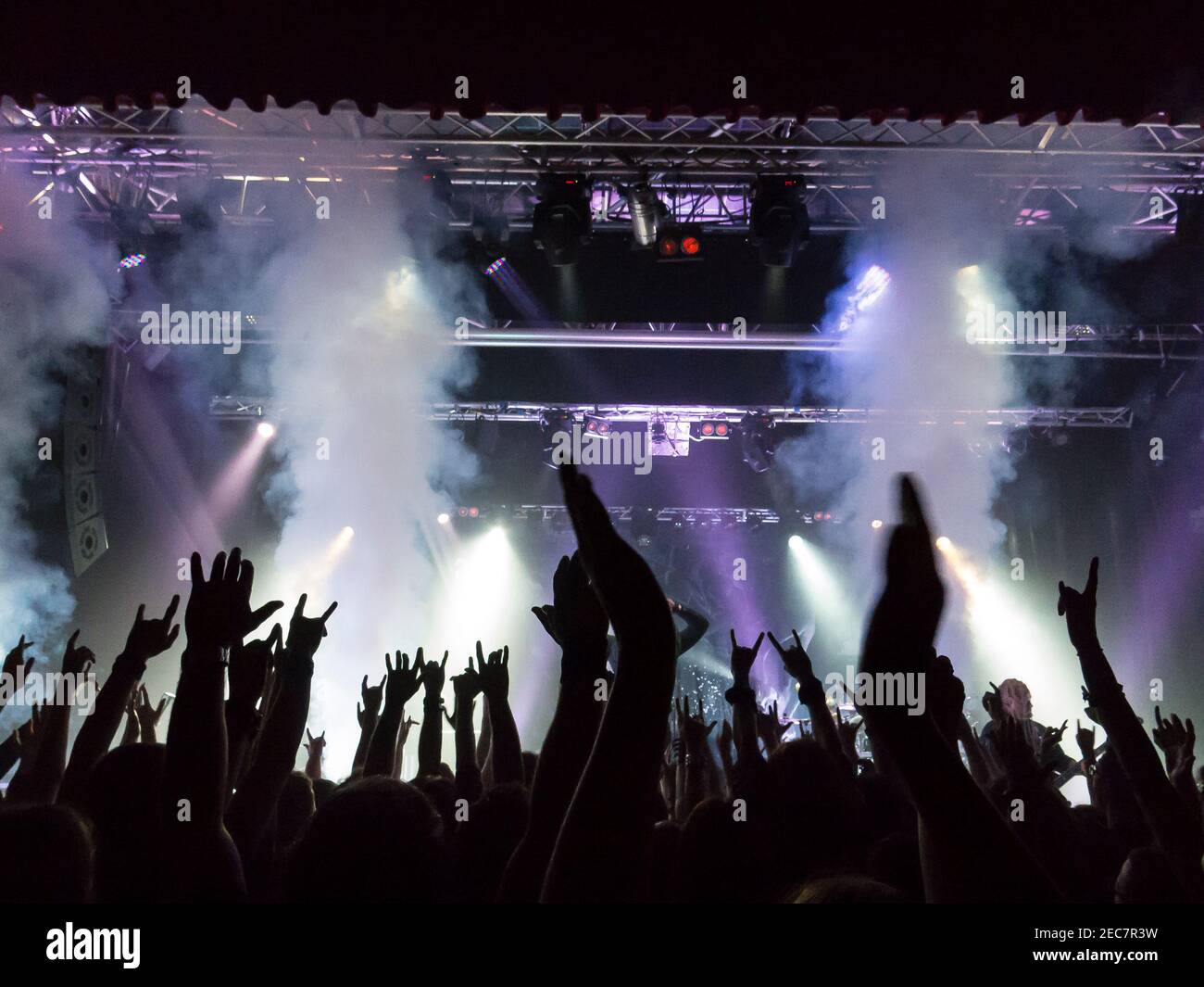 Front view of a concert stage shot in the middle of a music festival ...