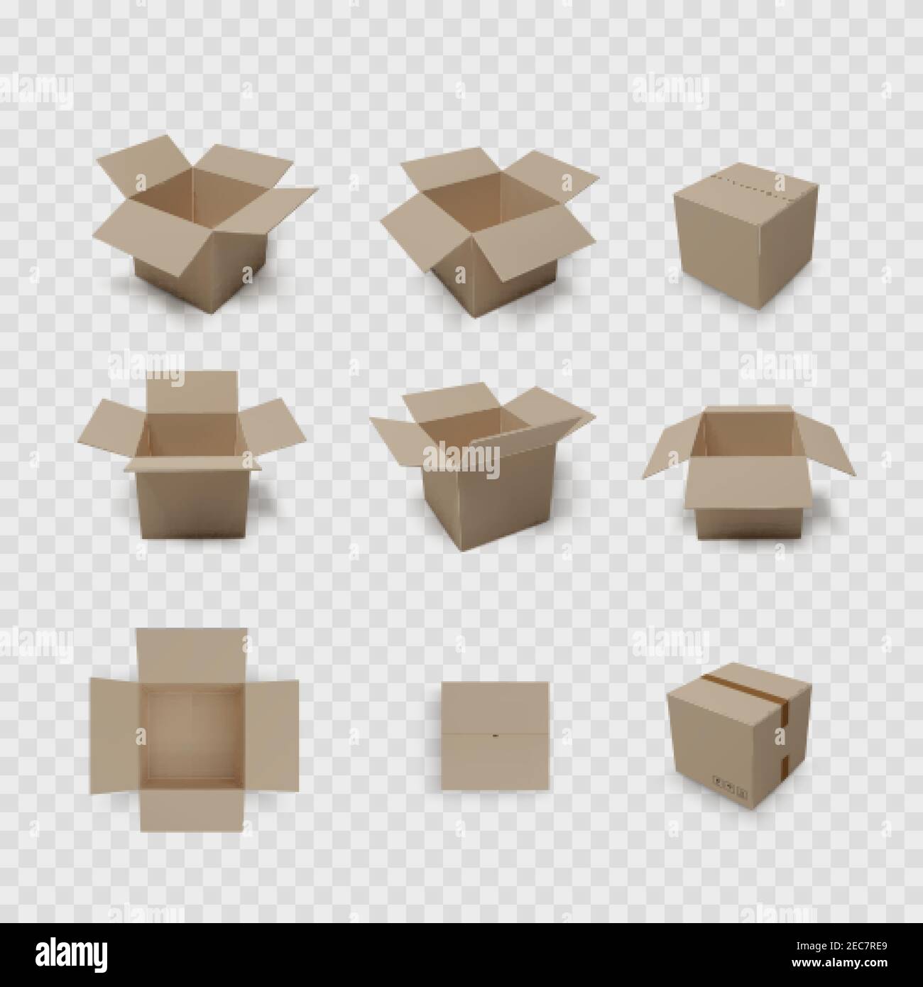 Box collection on transparent background. Carton open and closed ...