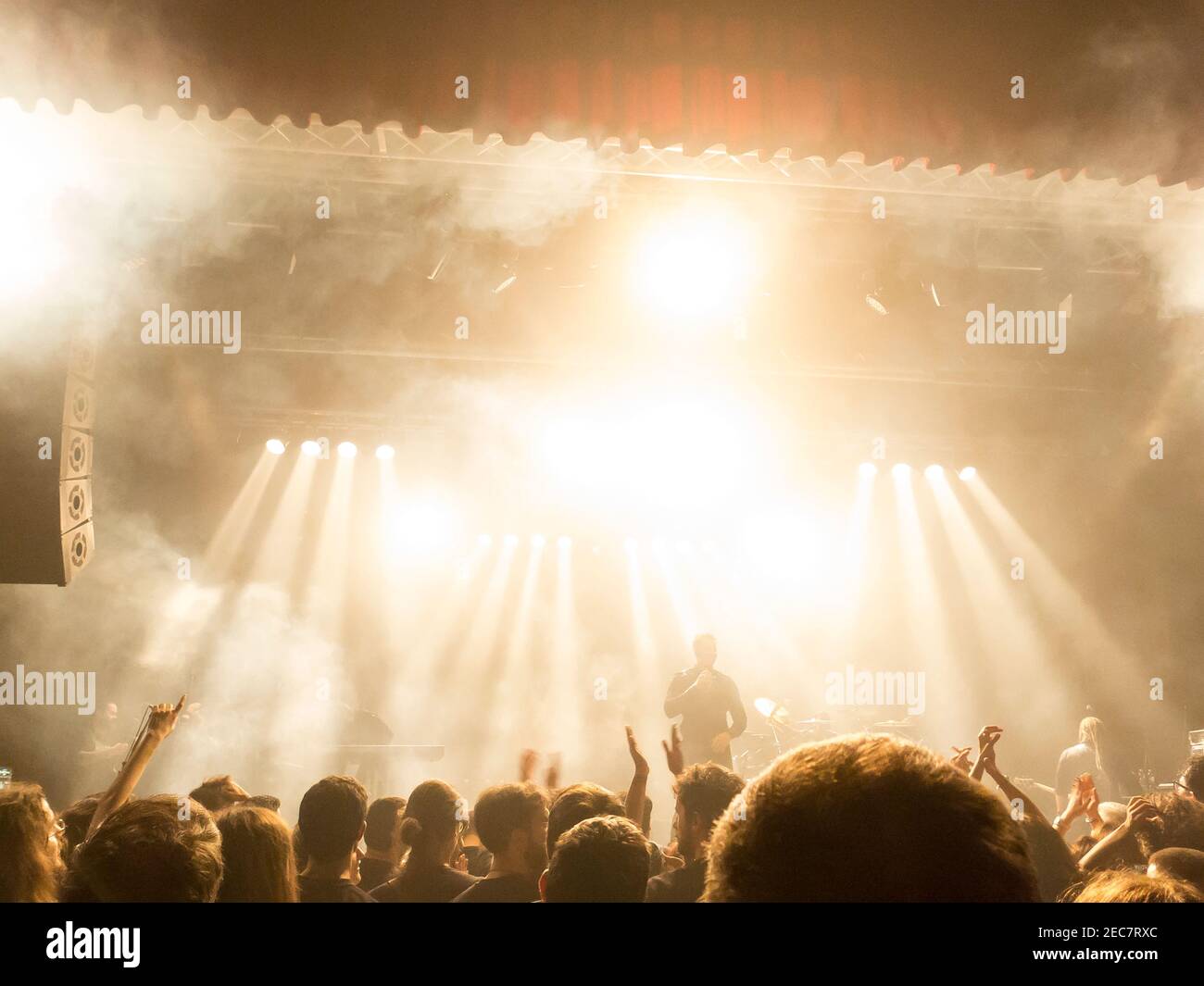 Front view of a concert stage shot in the middle of a music festival ...