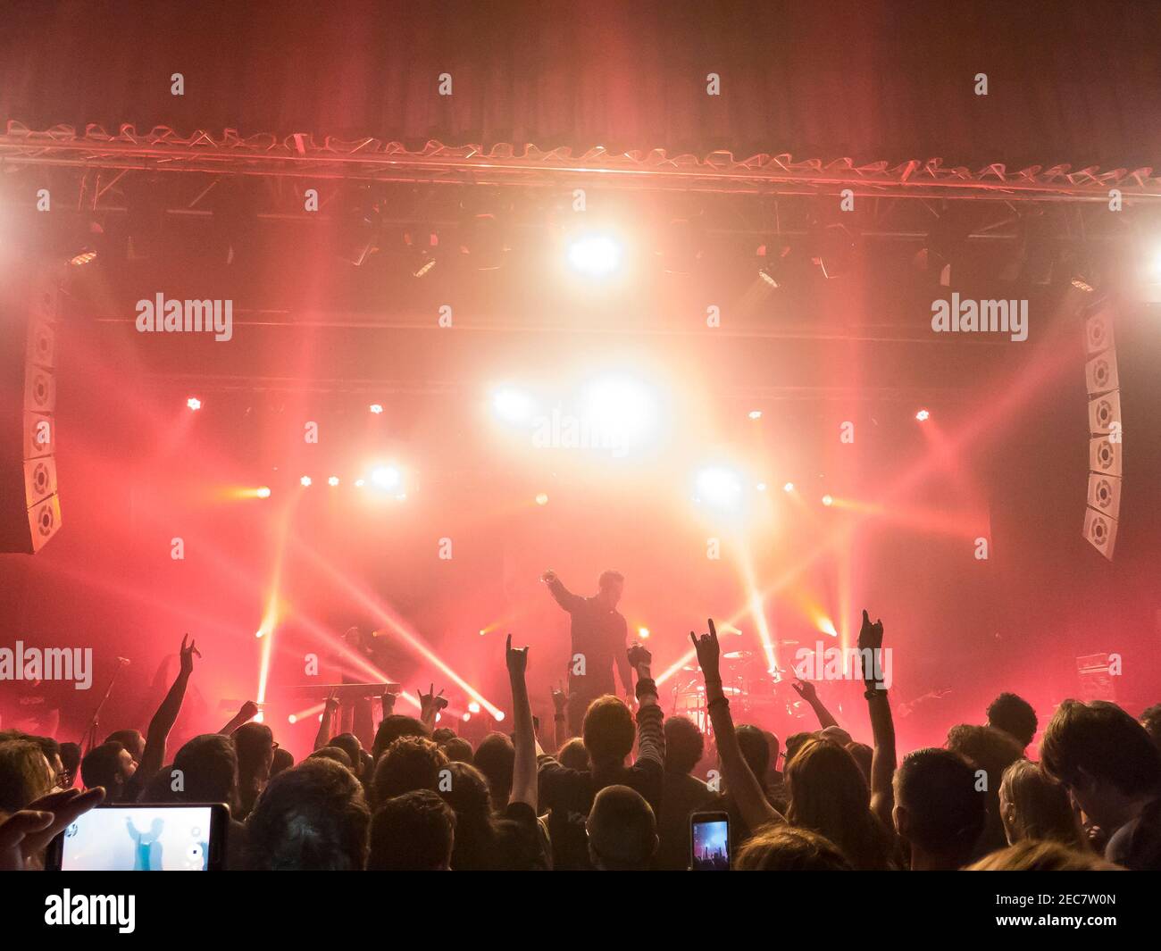 Front view of a concert stage shot in the middle of a music festival ...