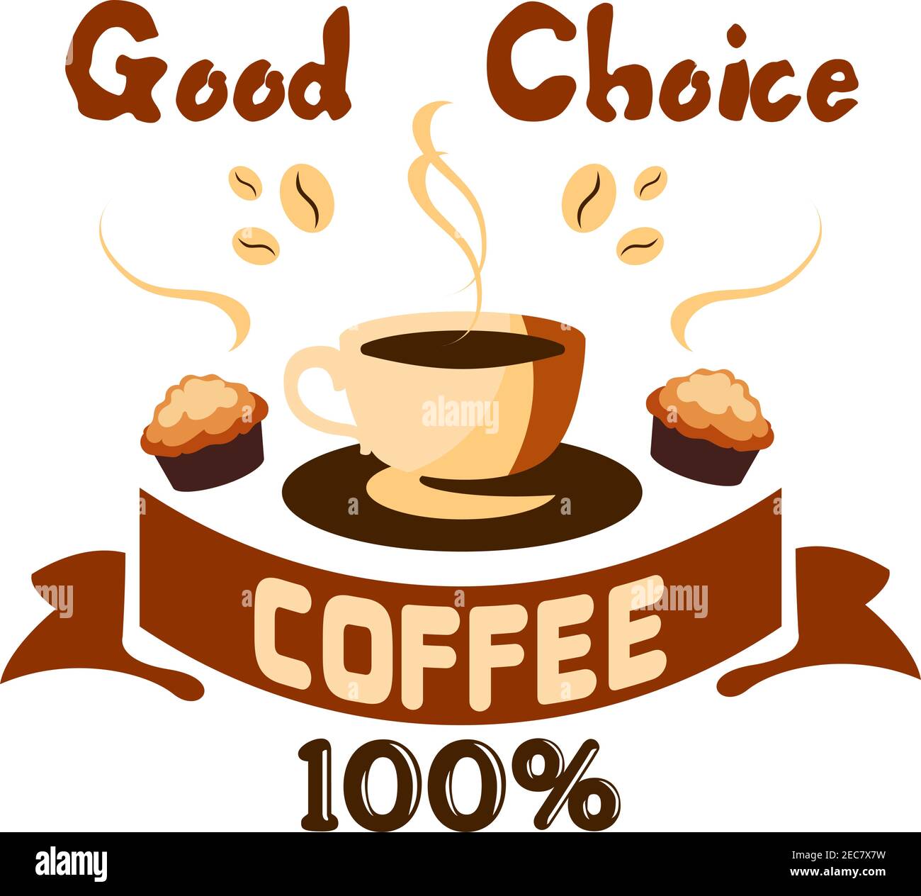 Cafe menu icon. Hot coffee cup with muffin and coffee beans. Label ...