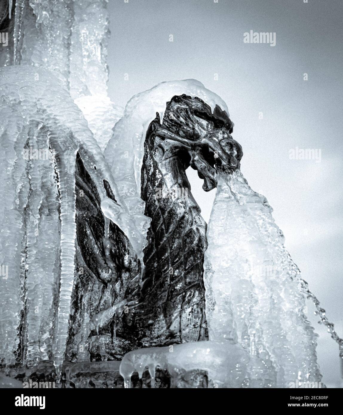 A frozen Victorian fountain in Hanley Park, featuring a sculpture of a ...