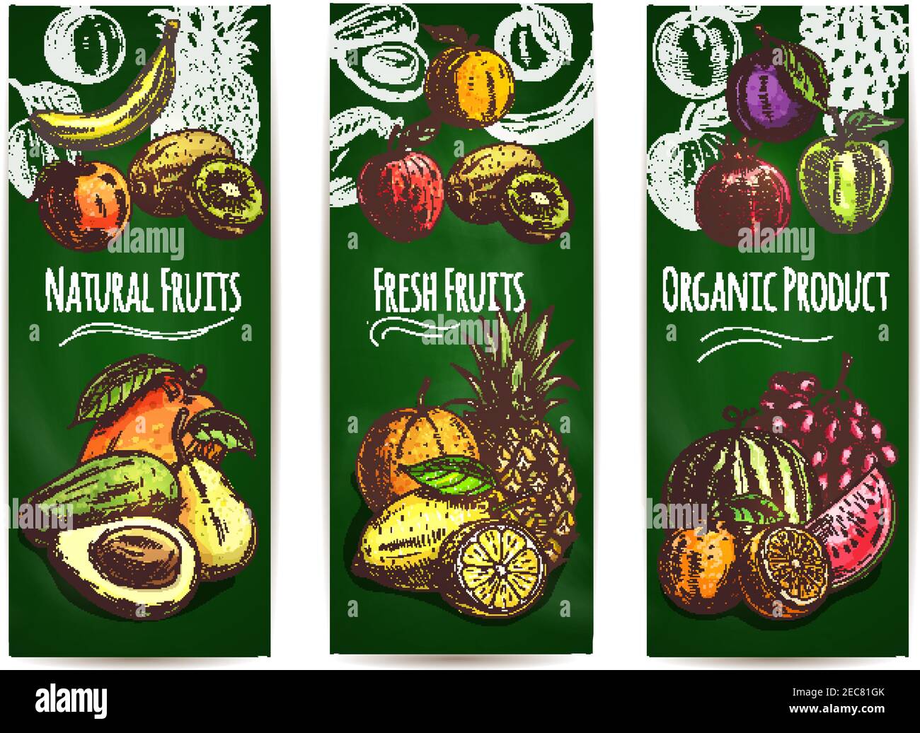 Organic fresh juicy fruits background. Vector sketch pear, orange ...
