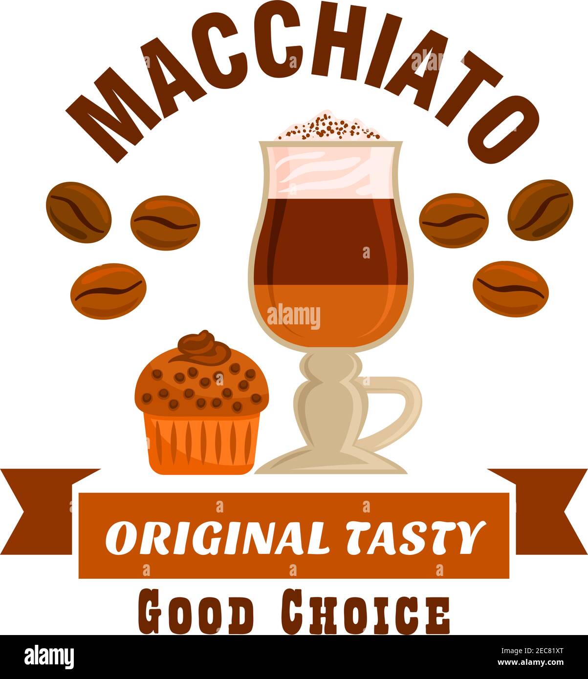 Cafe menu icon. Macchiato coffee cup with muffin and coffee beans ...