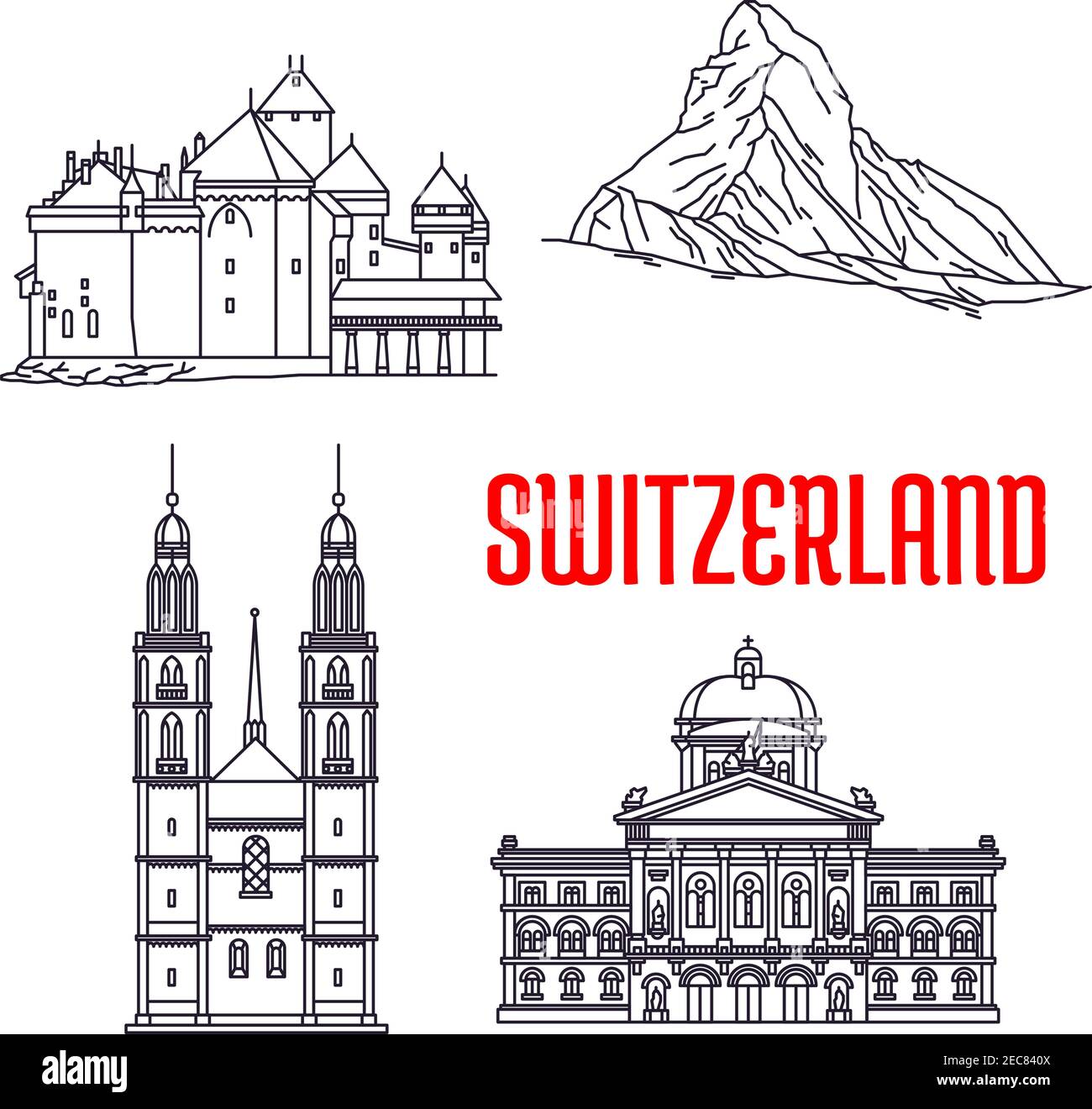 Historic sightseeings and buildings of Switzerland. Vector icons of ...
