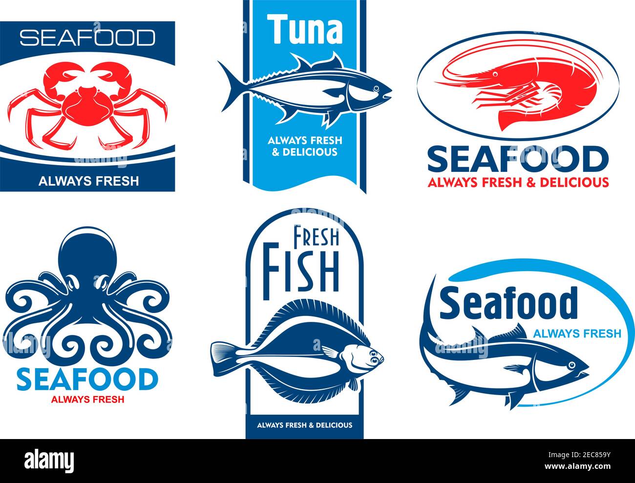 Seafood products tags and emblems. Vector icons for product, company ...