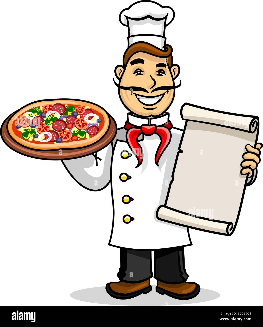 Pizzeria icon. Italian Chef in uniform and cooking cap holding menu ...