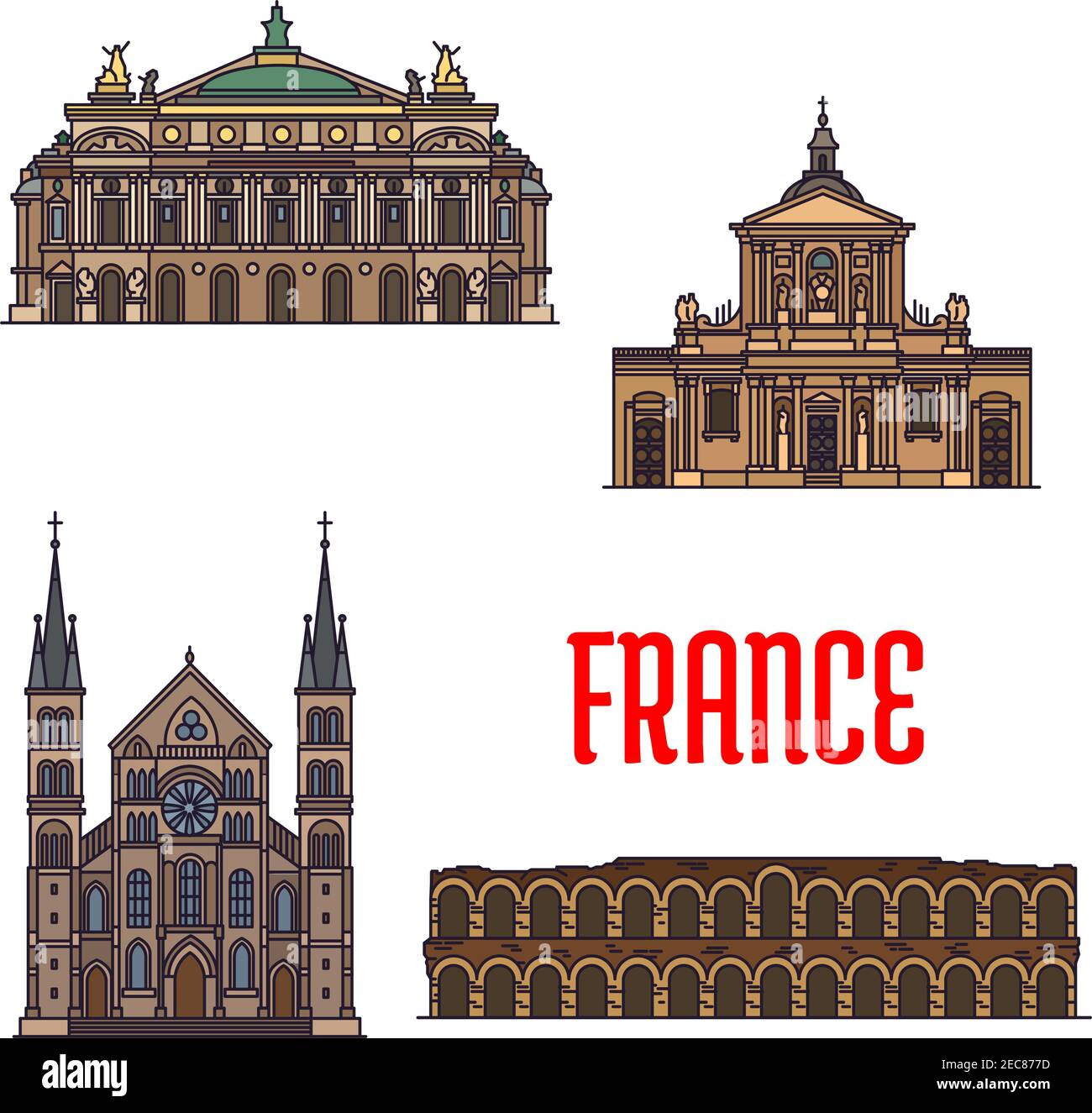 French travel sights of culture and architecture icon with linear roman ...