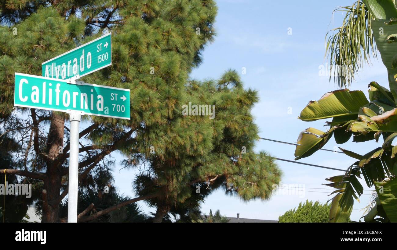 California street road sign on crossroad. Lettering on intersection ...