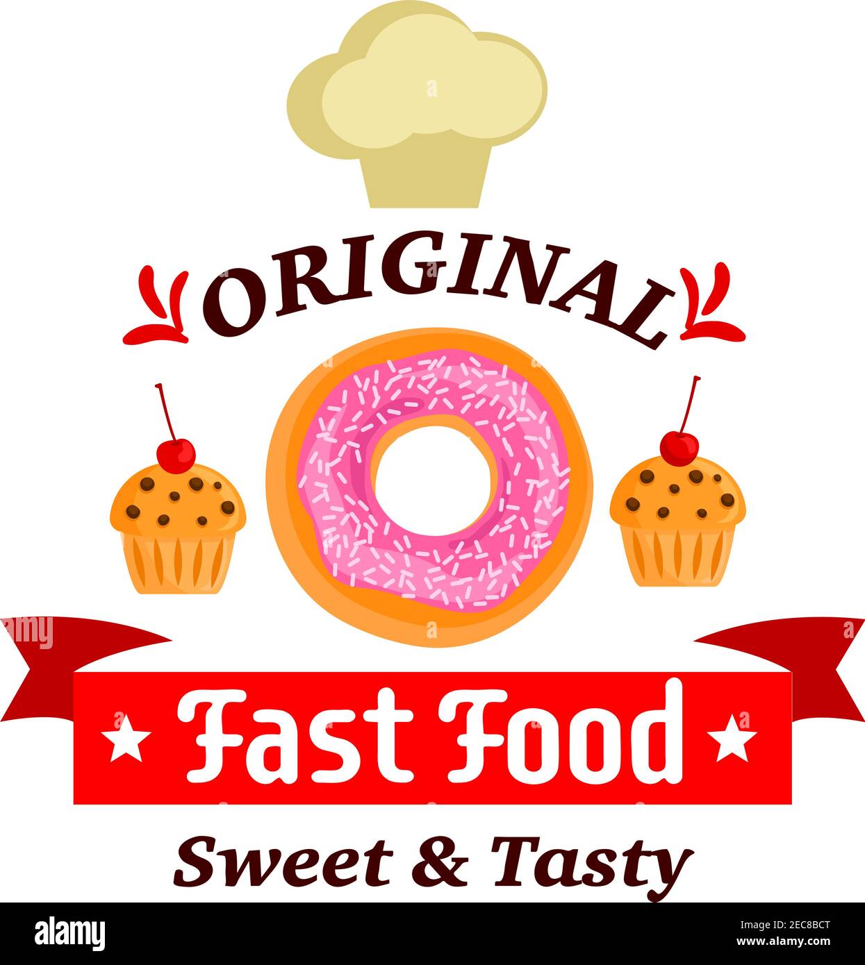 Fast food desserts label. Donut, muffin and chef cap vector icons ...