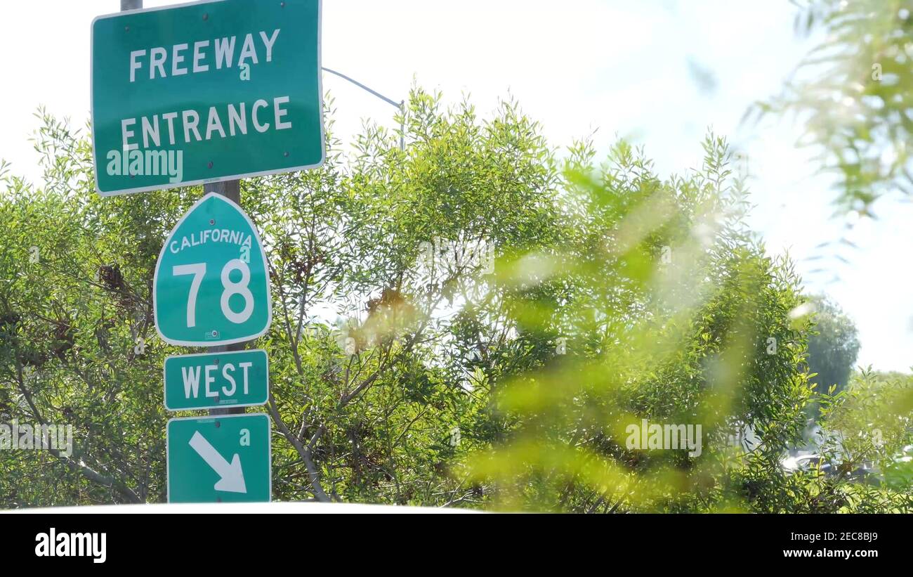 Freeway entrance sign on interchange crossraod in San Diego county ...