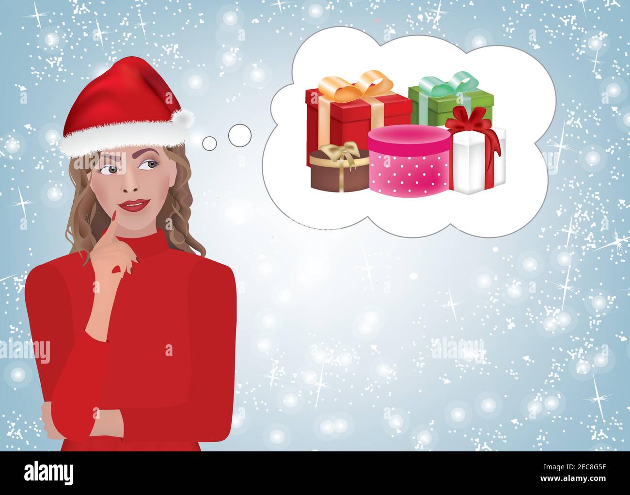 Christmas woman thinking about present on blurred background, vector ...