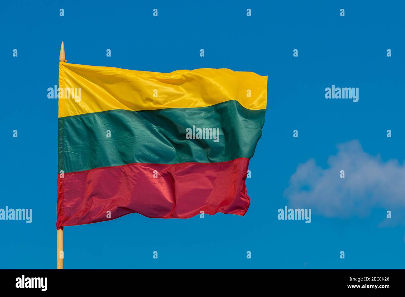 Flag of Lithuania on blue sky background flying in strong wind ...