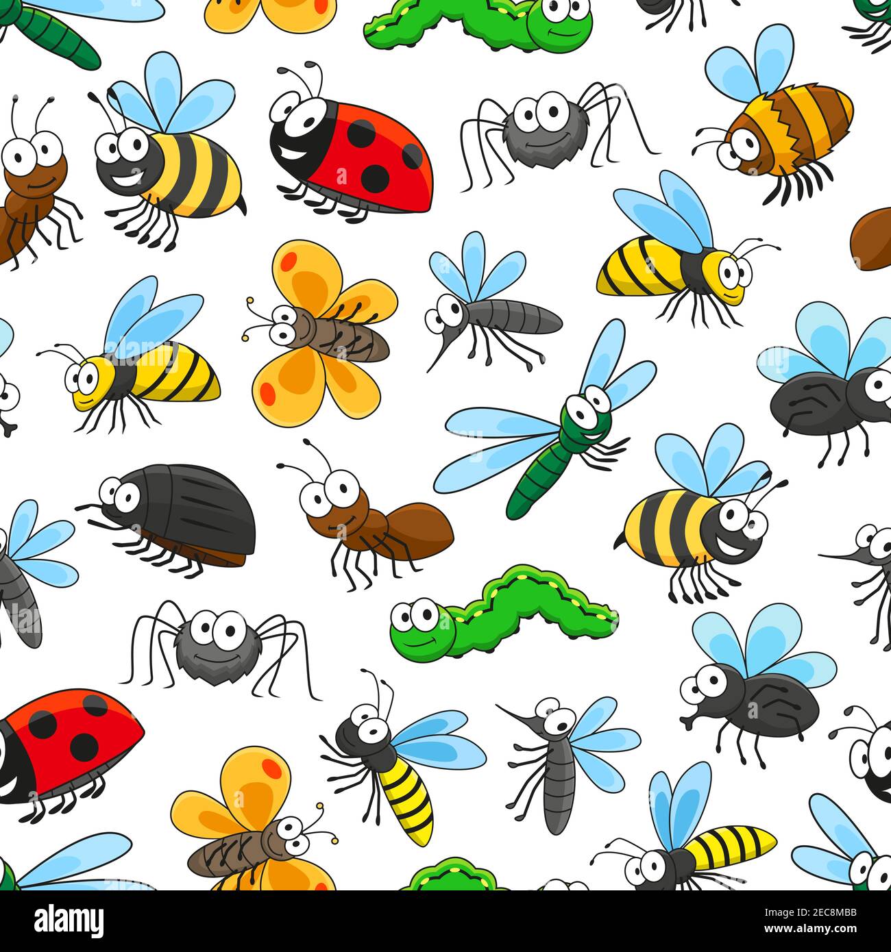 Funny insects seamless pattern background with cartoon bee, butterfly ...
