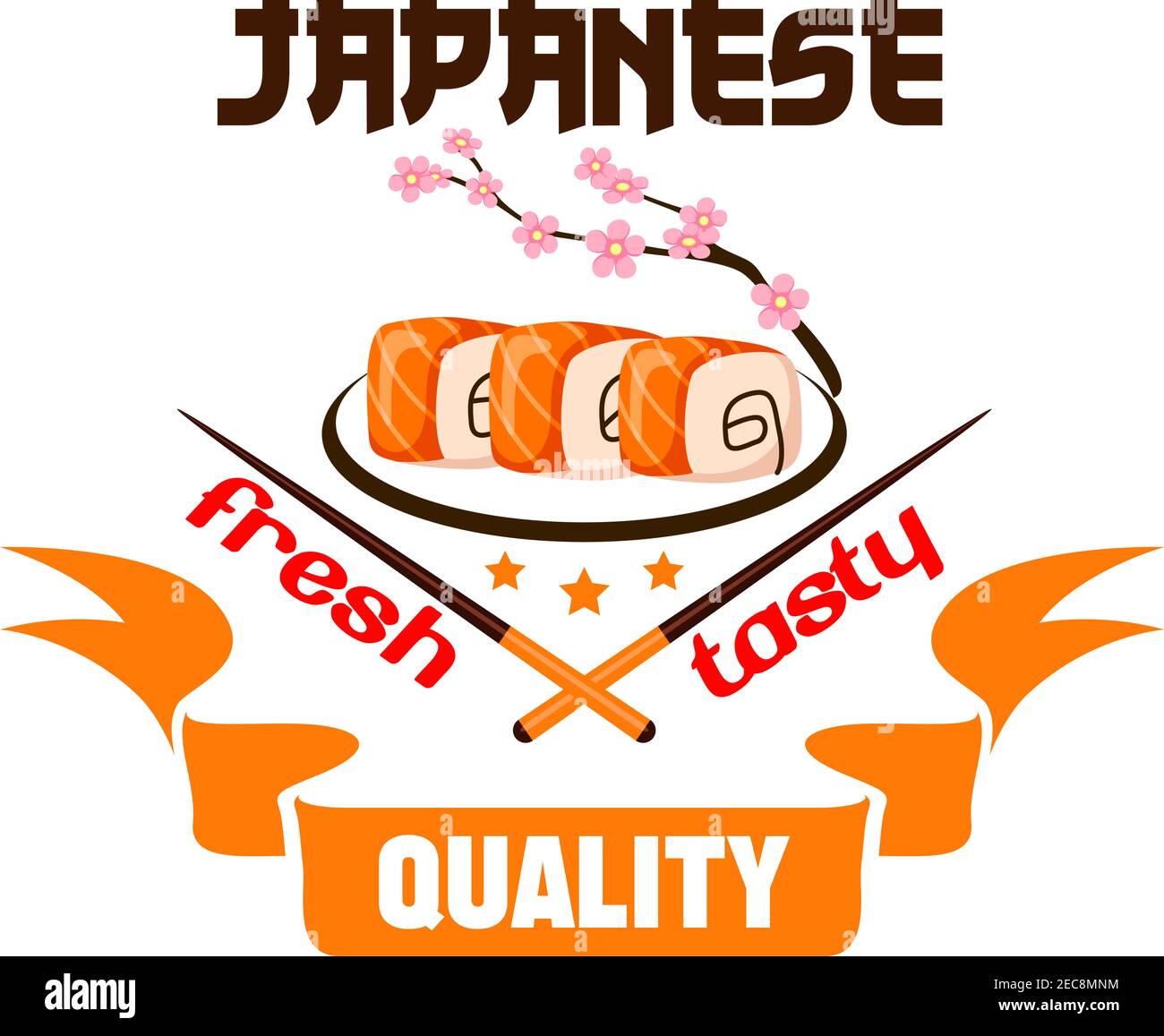 Japanese restaurant emblem. Sushi rolls on plate, chopsticks, cherry ...