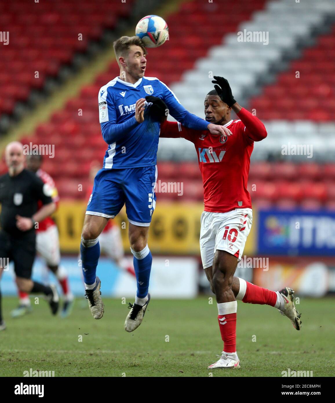 Gillingham's Jack Tucker (left) and Charlton Athletic's Chuks Aneke ...