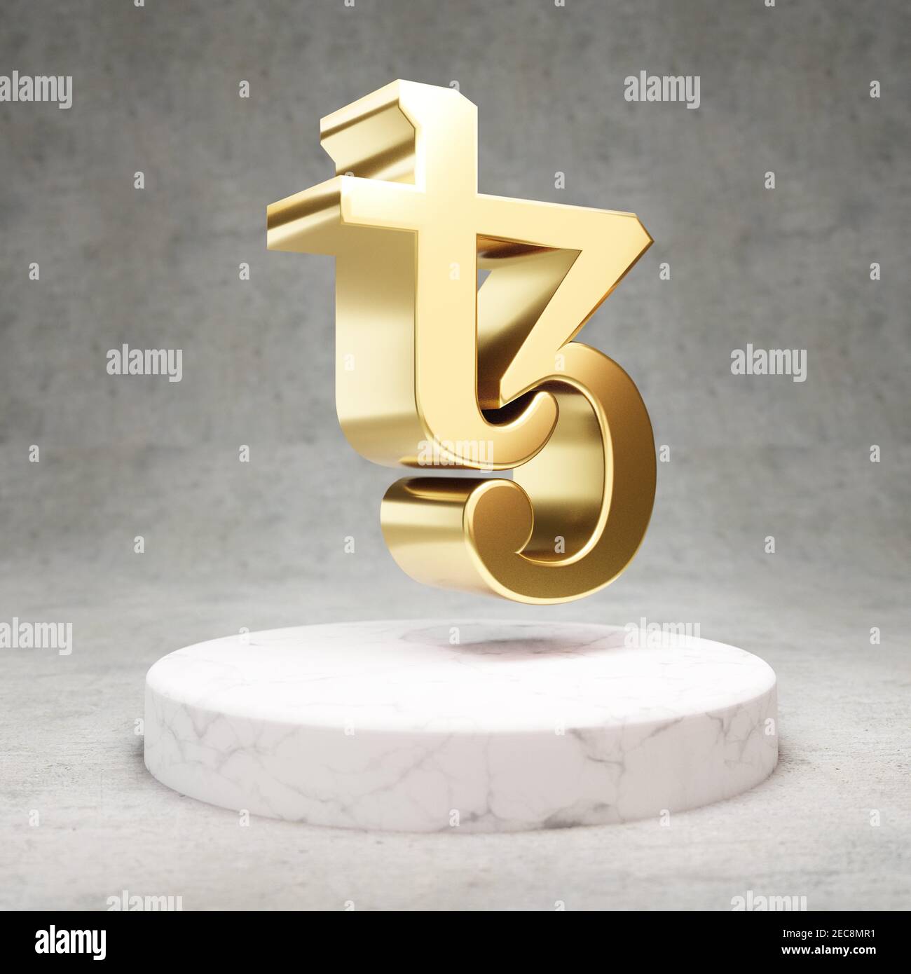 Tezos cryptocurrency icon. Gold 3d rendered icon on white marble podium ...