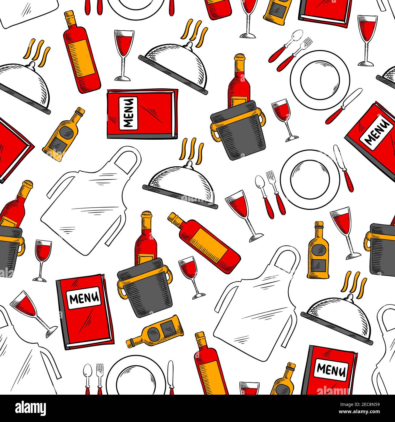 Restaurant service seamless pattern with menu book, tray with bottle ...