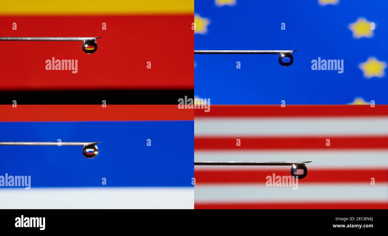 Close-up of a drops of vaccine with country flags on a syringe needle ...