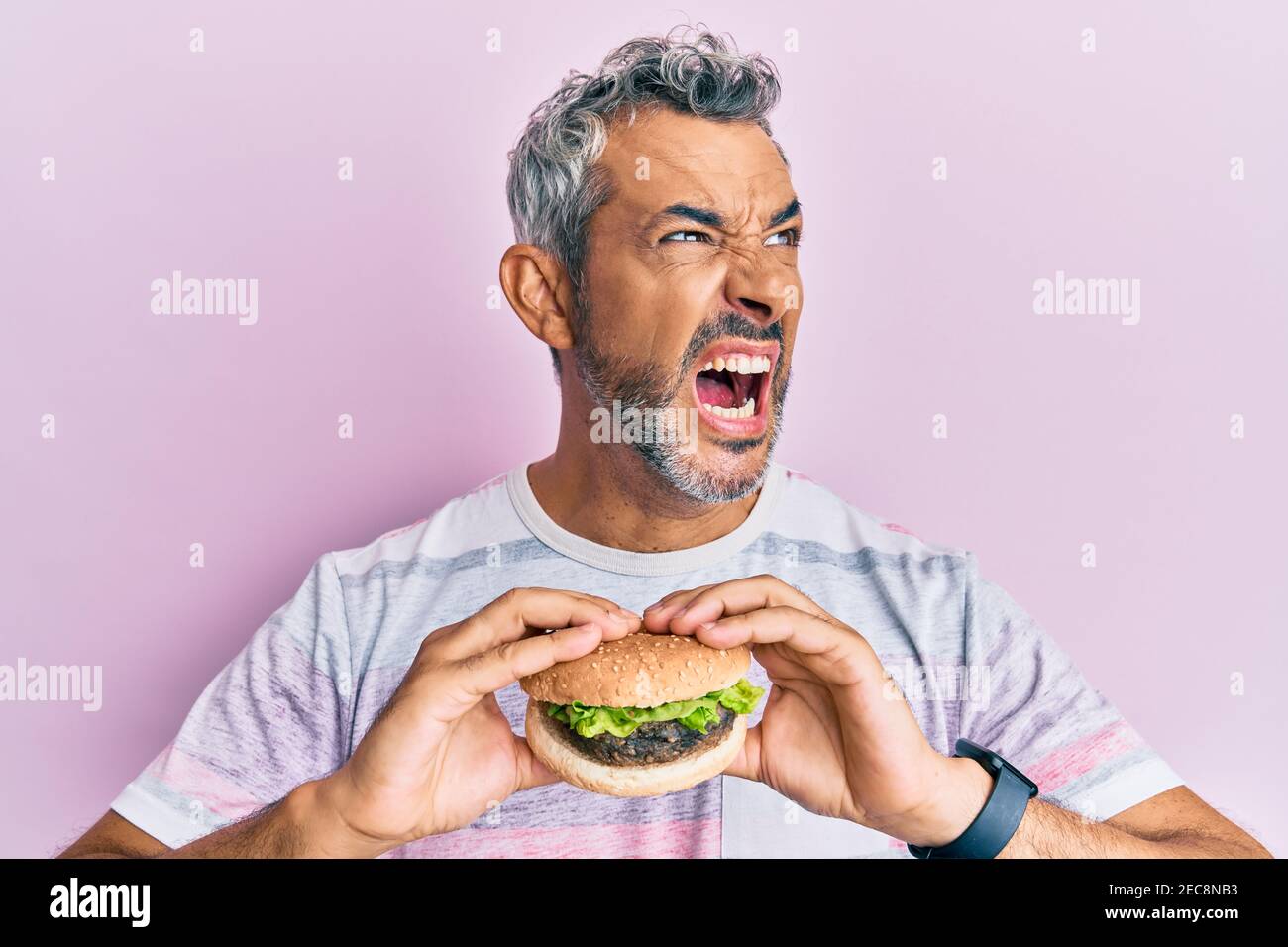 Middle age grey-haired man eating a tasty classic burger angry and mad ...