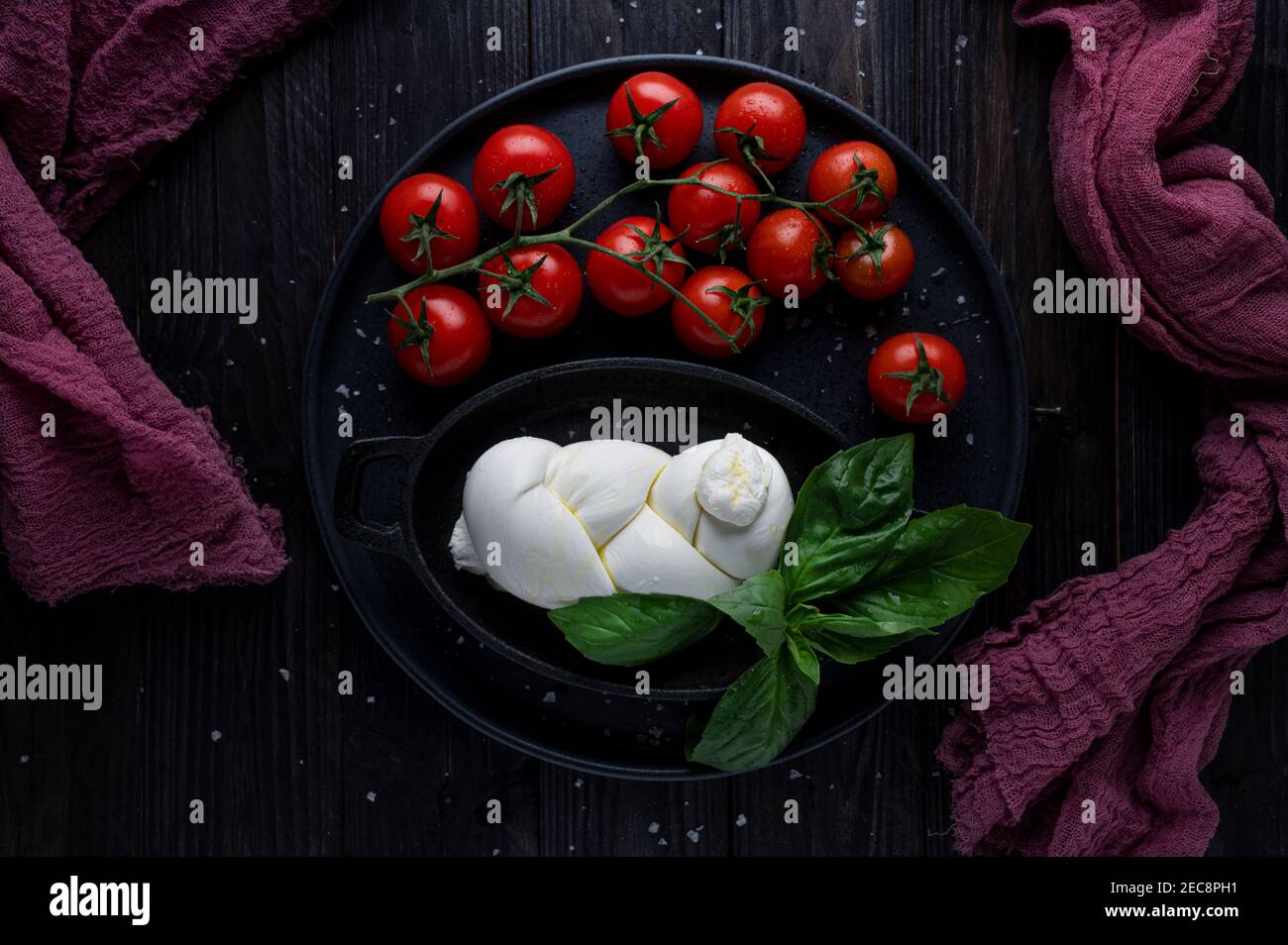 Top view of mozzarella cheese with red tomatoes and basil Stock Photo ...