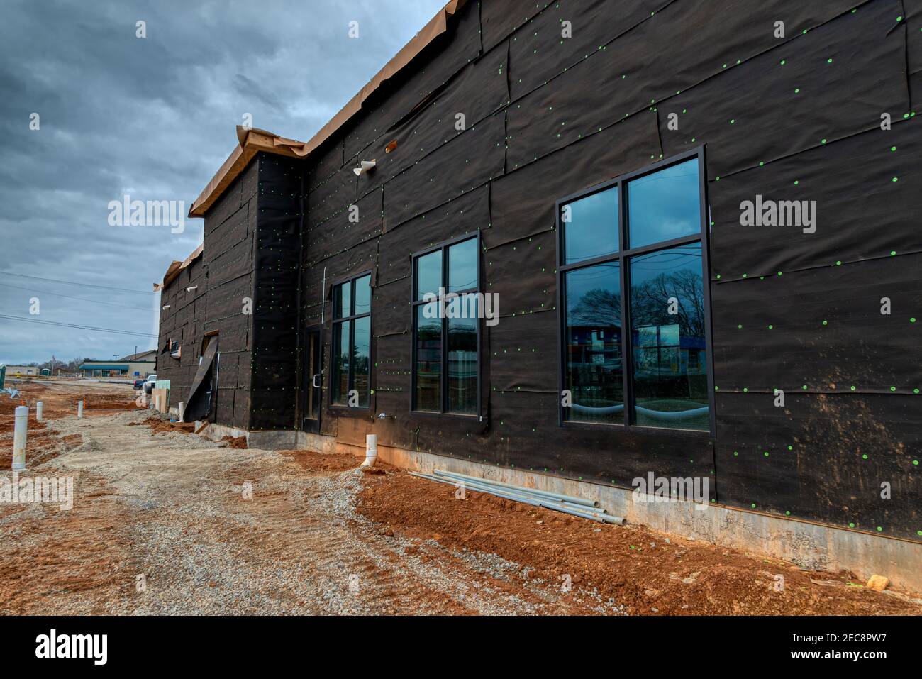Horizontal shot of a new fast food restaurant being built during the ...