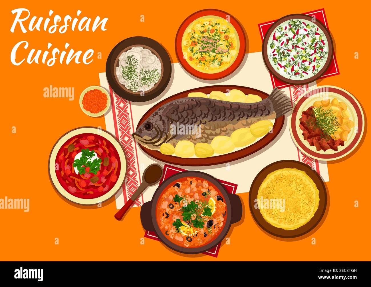 Russian cuisine thin pancake icon served with red caviar, meat ...