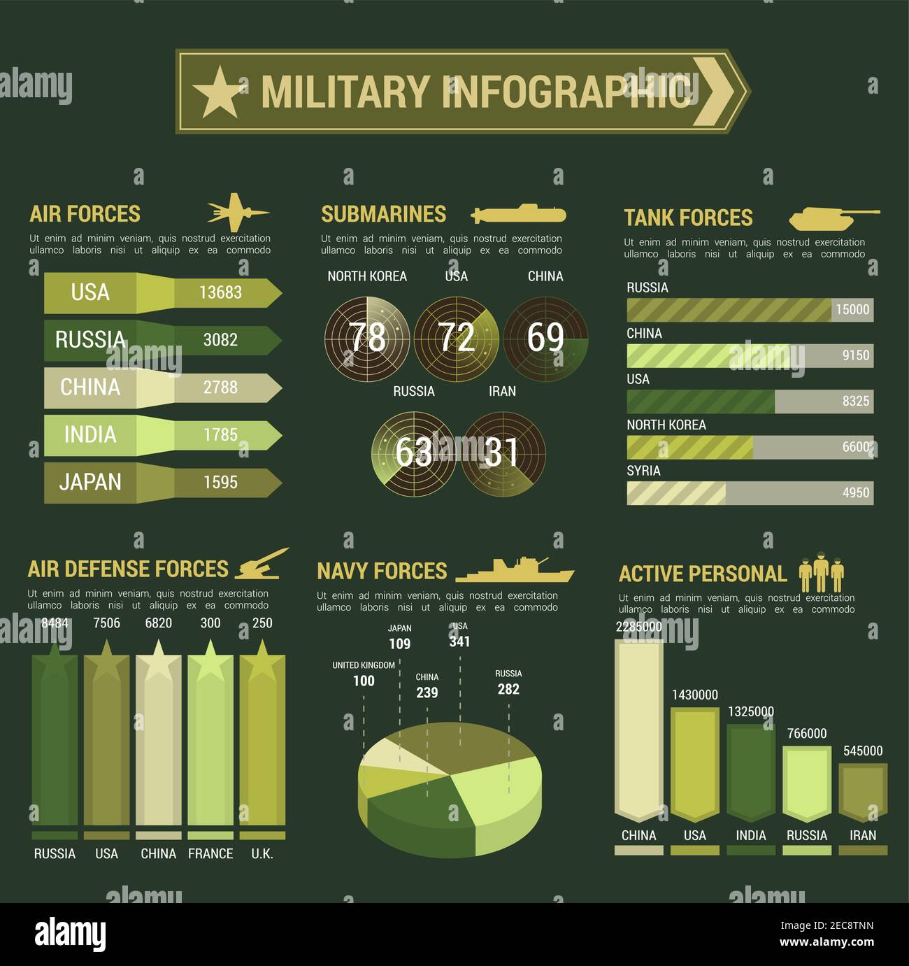 Military forces infographic poster. Presentation template with vector icons and symbols of ...
