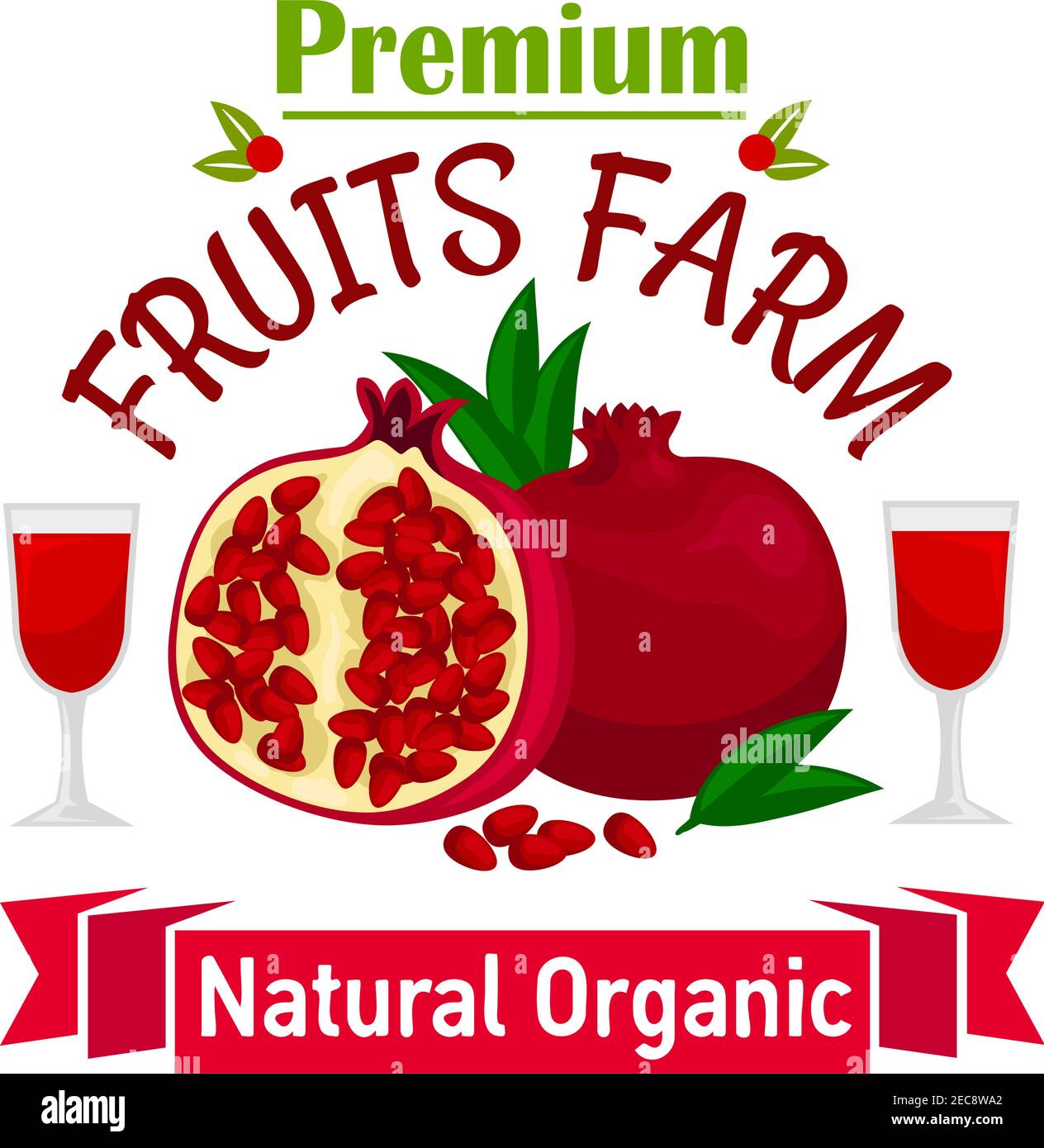 Fruits farm symbol with opened pomegranate fruit with red juicy seeds ...