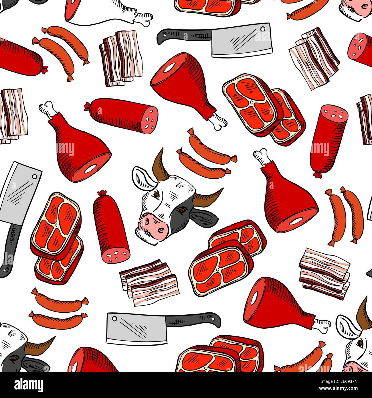 Fresh meat cuts and butcher shop seamless pattern with sausage, beef ...