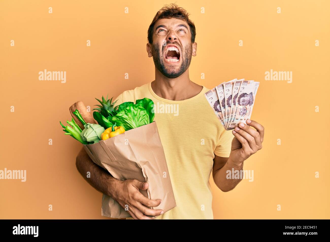 Handsome man with beard holding groceries and 500 mexican pesos ...