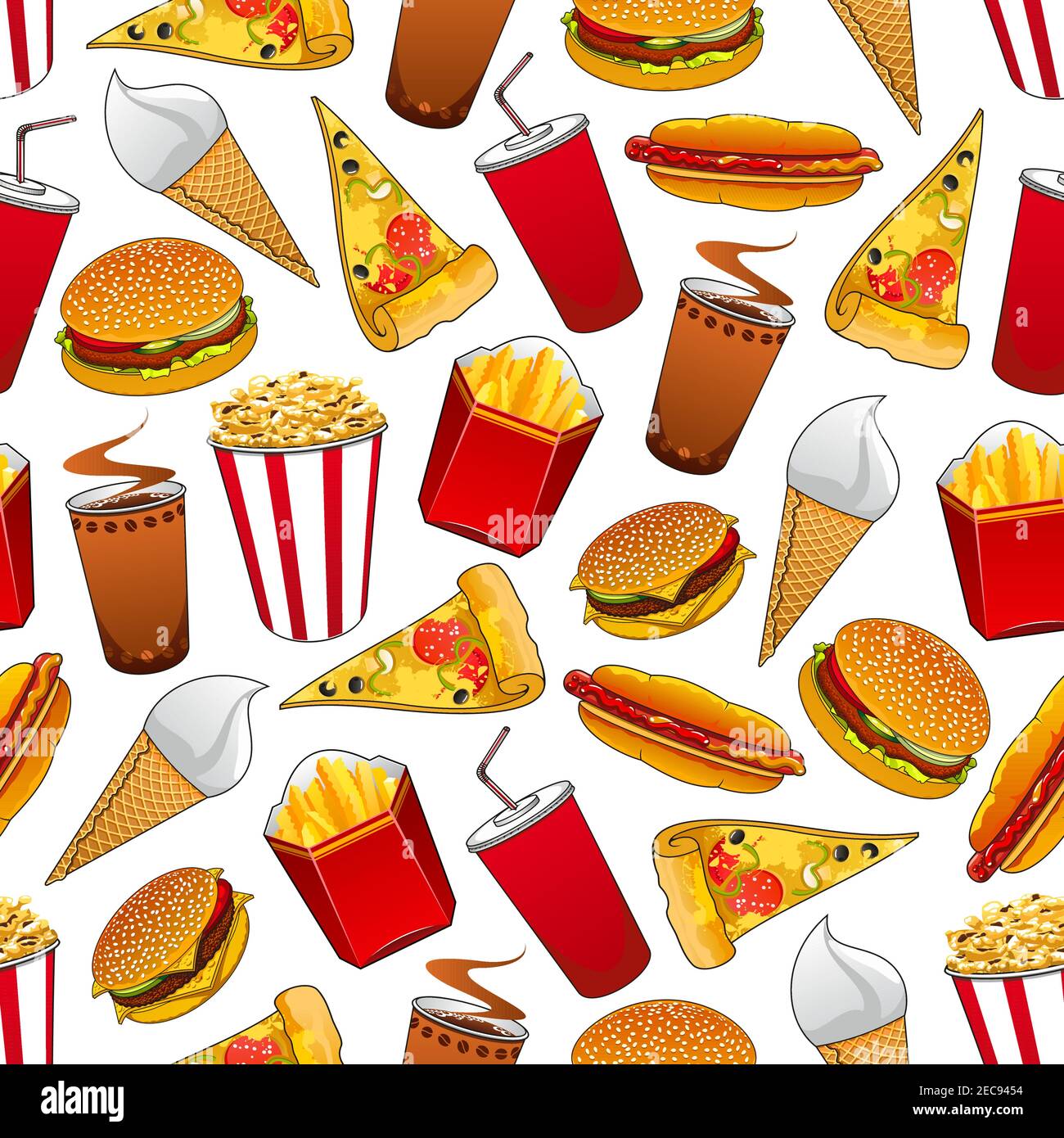 Junk food seamless pattern with fast food hamburger cheeseburger, pizza ...