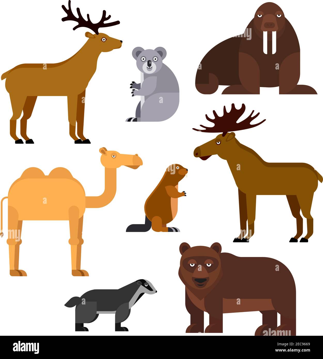 Wild animals flat cartoon isolated icons. Vector zoo emblems of walrus ...