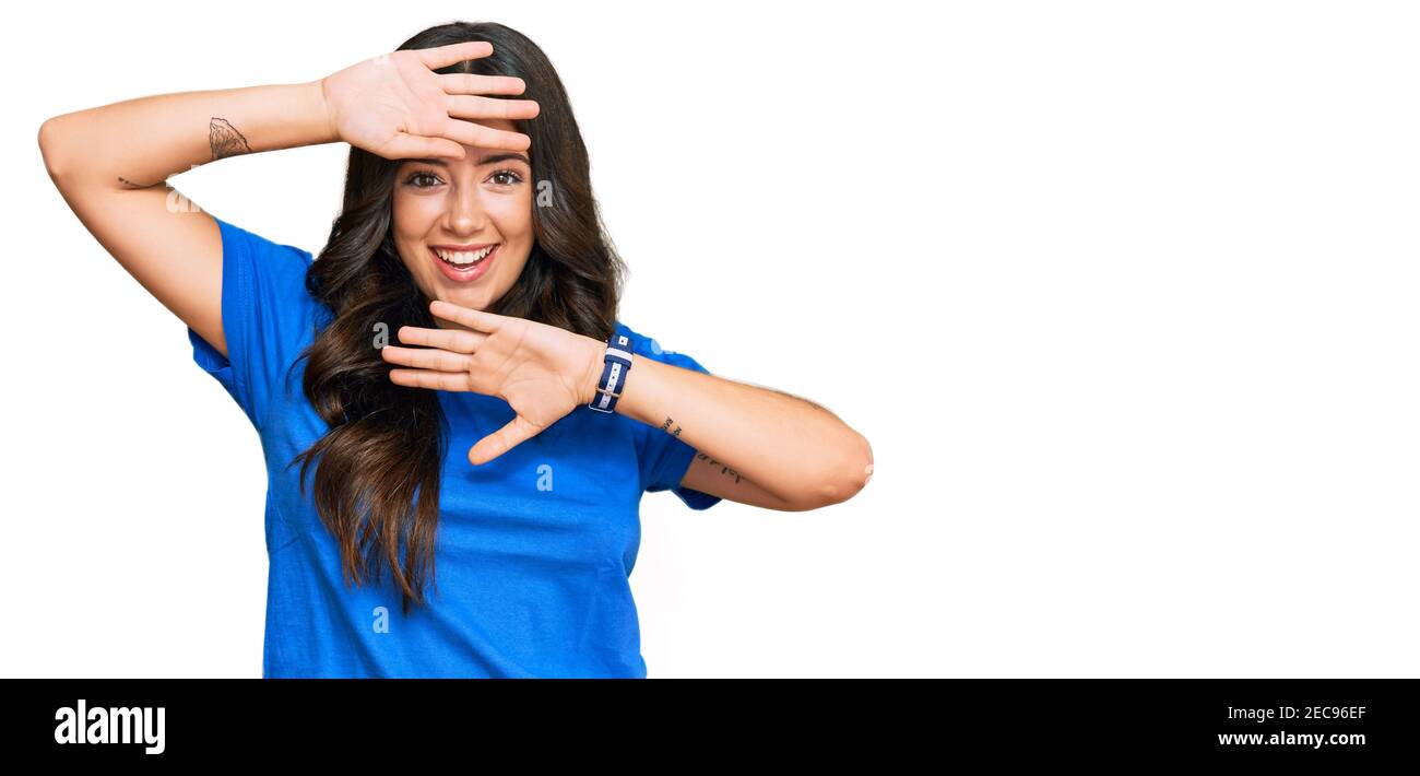 Beautiful brunette young woman wearing casual clothes smiling cheerful ...