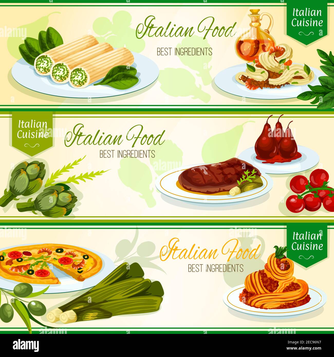 Italian cuisine restaurant banners with seafood pizza, florentine steak ...