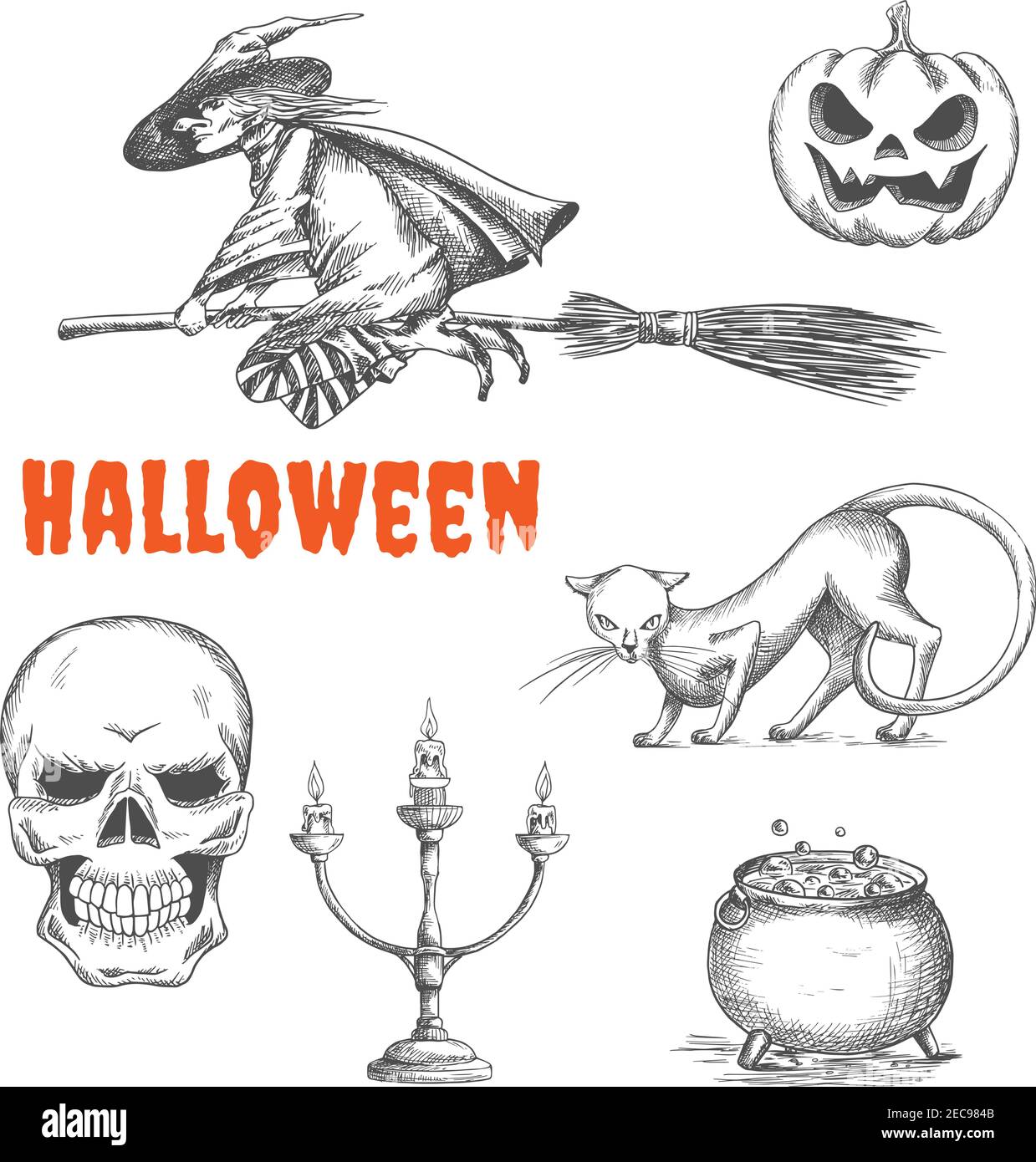 Halloween witch flying on broom, scary pumpkin with fire eyes, black ...