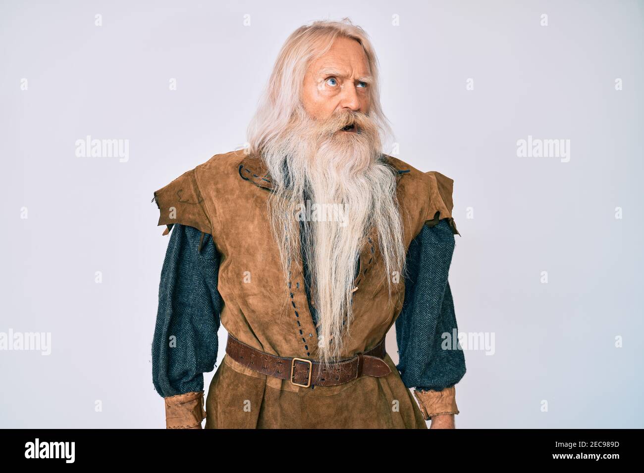 Old senior man with grey hair and long beard wearing viking traditional ...